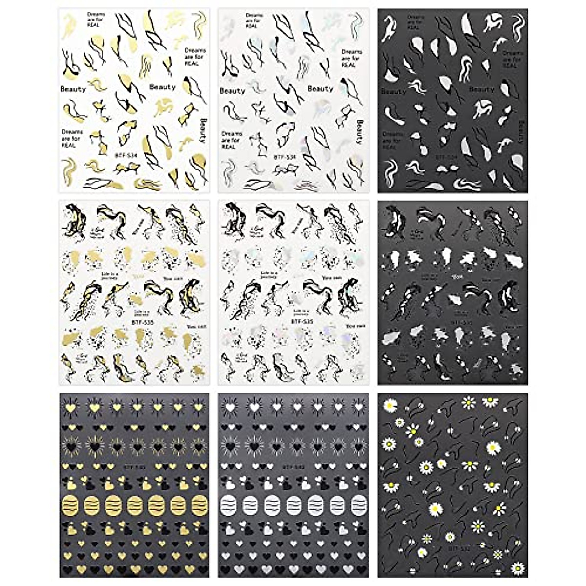 JMEOWIO 9 Sheets Daisy Flower Line Nail Art Stickers Decals Self-Adhesive Pegatinas Uñas Spring Summer Floral Nail Supplies Nail Art Design Decoration Accessories