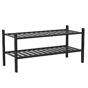 2-Tier Black Bamboo Shoe Rack for Entryway, Stackable | Foldable | Natural, Shoe Shelf Storage Organizer for Hallway Closet, Free Standing Shoe Racks for Indoor Outdoor