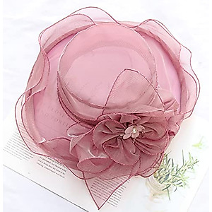 ELLYDOOR Fascinator Wedding Derby Hats for Women Bridal Organza Church Tea Party Hat Wide Brim Sun Hat (Pink)