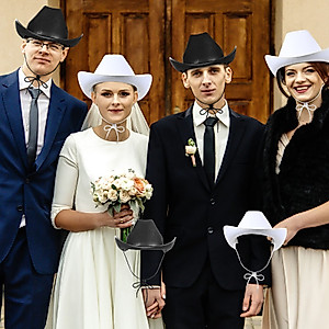 Silkfly 12 Pcs Felt Cowgirl Hat with String Bride Cowboy Hats Black and White Bachelorette Cowgirl Accessories for Party Wedding Engagement Cosplay