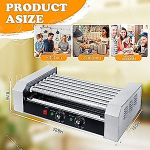 Yexiya 110V Electric Hot Dog Roller Machine Stainless Steel Grill Cooker Machine 7 Rollers Hot Dog Warmer with Oil Brush, Clip, Dishcloth and 100 Pcs Bamboo Sticks for Kitchen Canteen House Restaurant