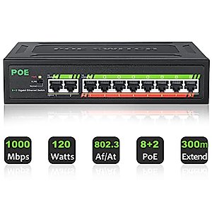 TEROW PoE Switch, 10 Port Gigabit Ethernet Network Switch( 8 PoE+ Port with 2 Extra Uplink Port), 802.3af/at Compliant | Plug & Play | Shielded Ports | Traffic Optimization | Fanless Quiet