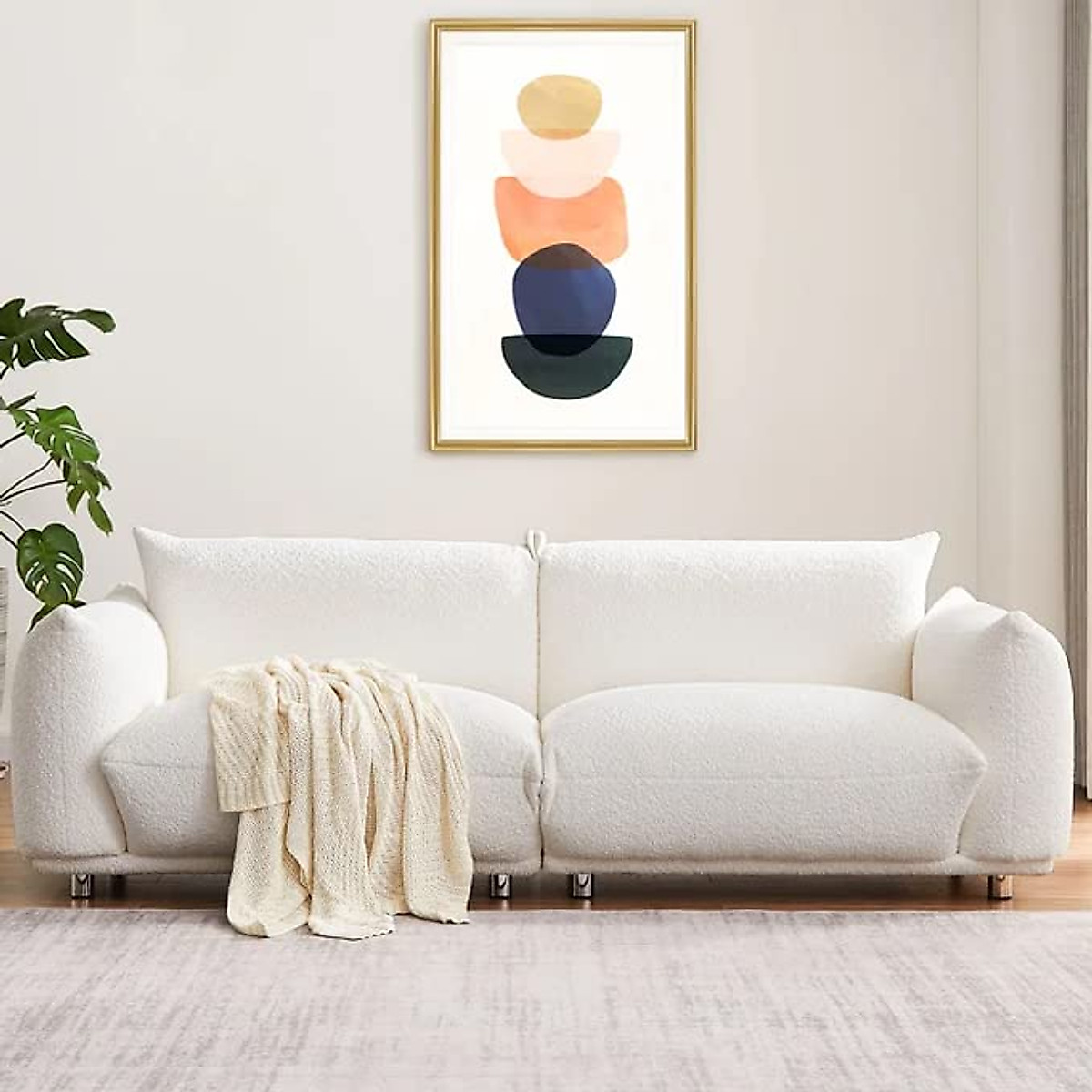 JSCHZ Comfy Couch Loveseat Sofa, Sherpa Teddy Oversized Loveseat Sofa Overstuffed Cloud Couch Extra Deep-Seat-Filled Couch for Small Spaces, Living Room, Apartment, (White)