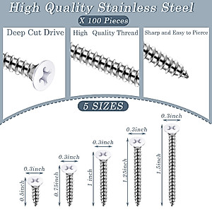 100 Pcs 5 Size #8 White Screws White Head Screws White Coated Screws Covers Head Wood Screws Wall Plate Screws Stainless Steel Screw Self Tapping Screw for Switches Cover (0.5/0.75/1/1.25/1.5 Inch)