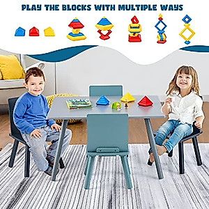 HONEY JOY Kids Table and Chair Set, Pine Wood Toddler Table and 4 Chair Set w/Building Blocks, 5 Pieces Children Furniture Set for Daycare, Classroom, Playroom, Gift for Boys Girls (Blue)