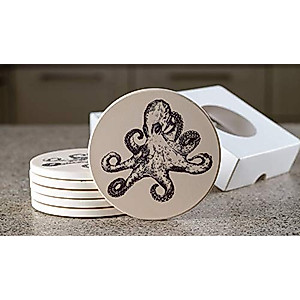 Octopus Coasters - Octopus Table - 6 Octopus Coasters for Drinks - Nautical Coasters Stone Absorbent Beige Ceramic 4.13 inch - Beach Theme - Coastal Coasters - Steampunk Coasters Set Gift