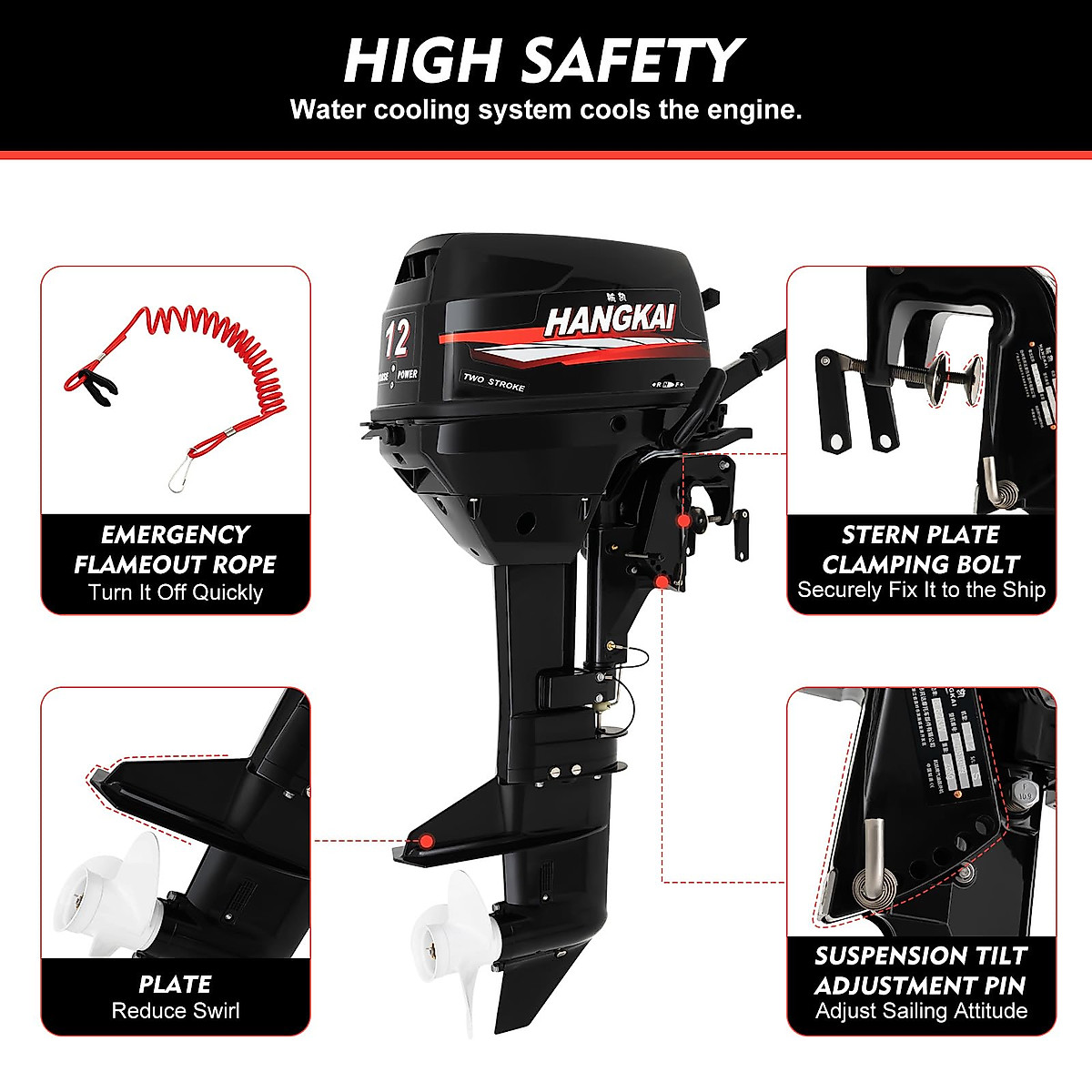 2 Stroke Outboard Motor Heavy Duty 12HP Boat Marine Engine with Water Cooling System Single Cylinder Engine, Inflatable Fishing Boat Engine 169cc 4500-5500r/min (2 Stroke 12 HP)