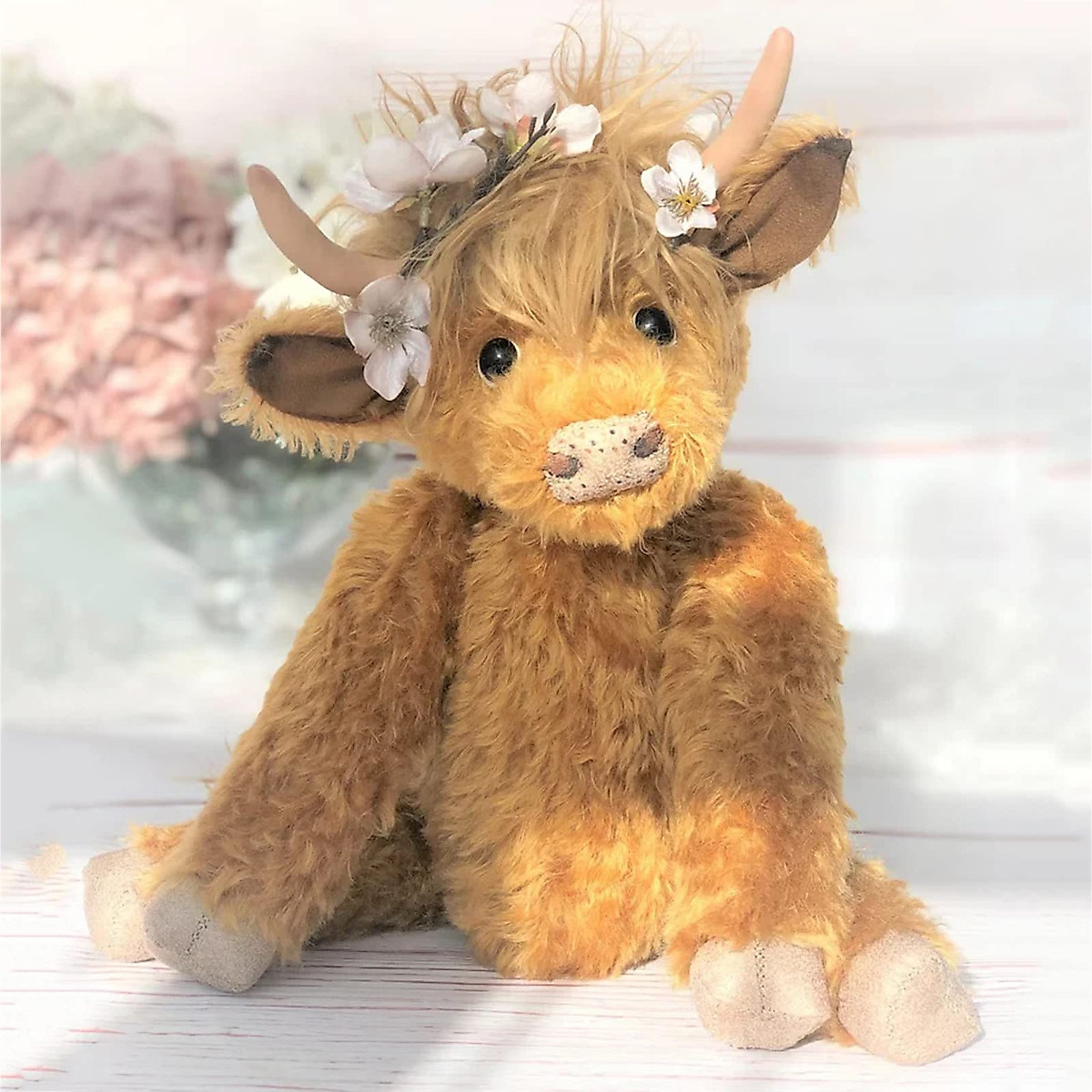 Funthy Scottish Highland Cow Plush, Realistic Cow Stuffed Animals Soft Farm Plushie, Cuddly Highland Cow Accompany Plush Decorative Pillow Birthday Gifts for Boys Girls-White