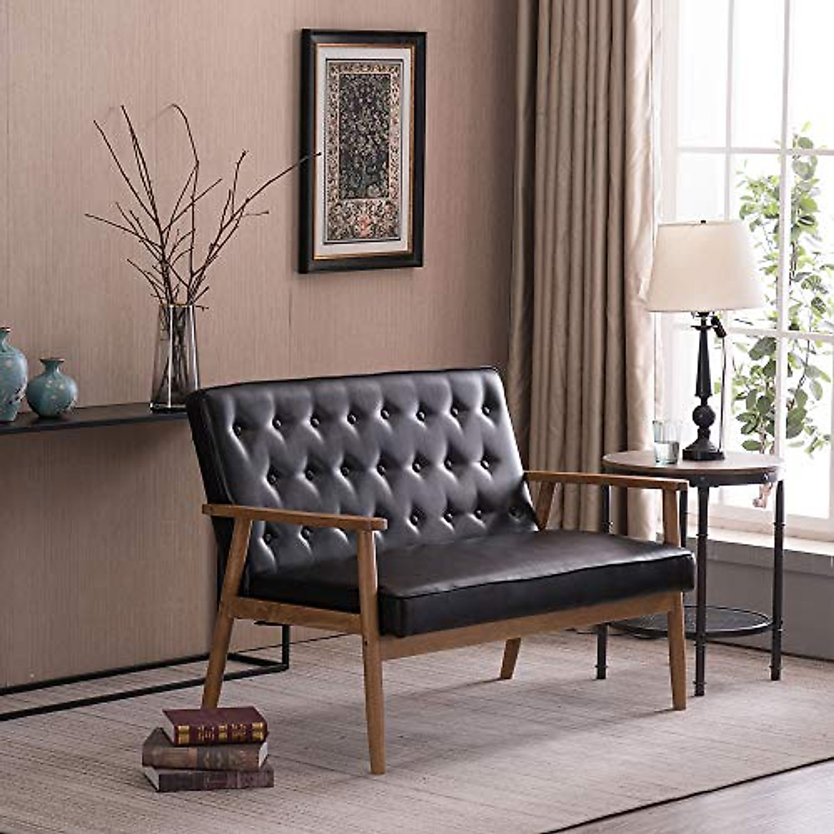 EPOFIT Modern Solid Wood Loveseat Sofa, Upholstered Faux Leather Love Seat, Small Couch 2 Seater with Wooden Arm for Living Room, Bedroom, Small Spaces, Office, Black