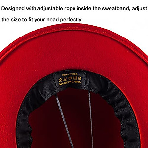 LADYBRO Fedora Hats for Women Wide Brim Hat, Incld 3 Decor Belts, Wool Felt, 58cm Adjustable Women's Fedora (Wool, Red, fit for 22" - 22 7/8")