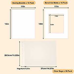 Acid Free 16 Pack 11 x 14 White Pre-Cut Picture Mat Board Show Kit for 8 x 10 Photos,Artworks,Prints,Includes 16Pcs Core Bevel Cut Matts & 16 Pcs Backing Board &16Pcs Clear Bags