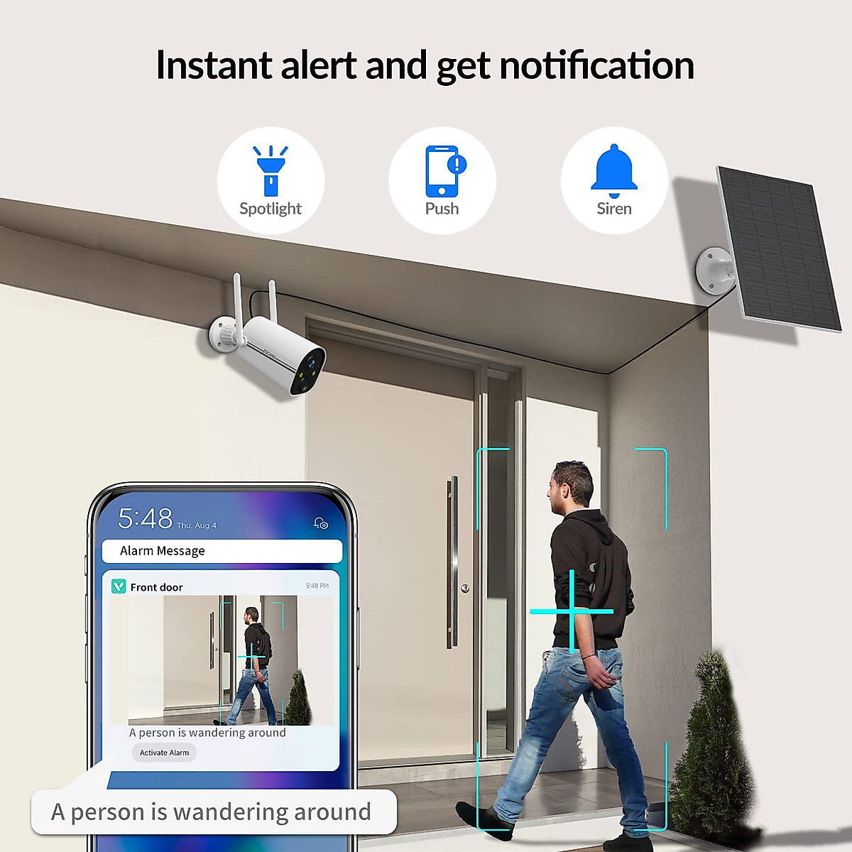 ESCANU Wireless Outdoor Solar Security Camera for Home Security, AI Motion,WiFi Wireless Rechargeable Camera, with Colorful Night Vision, 2-Way Audio, Spotlight,IP65 Waterproof, Cloud/Sd Card Storage