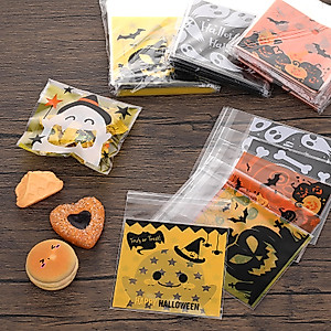 300 Pcs Halloween Treat Bags, 6 Cute Style Candy Bags Clear Trick or Treat bags Self Adhesive Plastic Bags Bulk for Halloween Party Favor Supplies Gift (A)