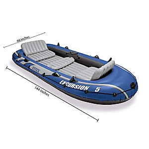 Intex Excursion Heavy Duty 5 Person Inflatable Rafting and Fishing Boat Set with 2 Oars, Air Pump, and Carry Bag for Lakes and Mild Rivers, Blue