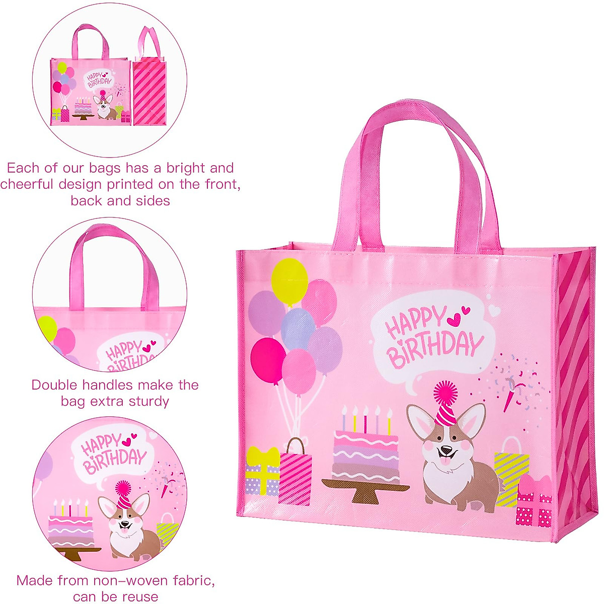 WRAPAHOLIC Large Reusable Birthday Gift Bag with Handles - 10 x 5 x 13 inch - Adorable Corgi Dog Happy Birthday