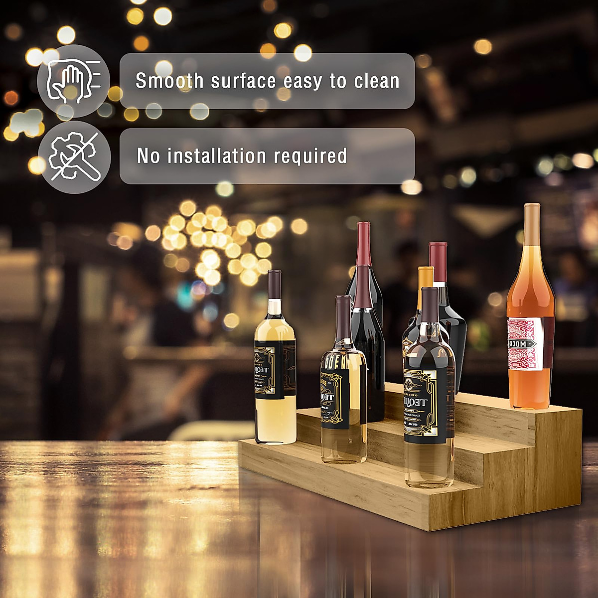 Liquor Bottle Stand - 3 Tier Liquor Bar Bottle Display Shelf, Holds 18 Bottles, Real Wood, Easy to Clean, No Installation Required - 24 Inch (Burnt Natural)