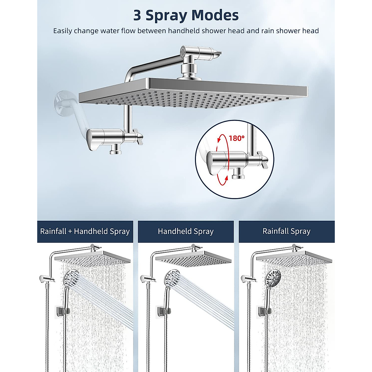 Hibbent Metal Thickness Shower Head, 10'' High Pressure Rainfall Shower Head/Handheld Showerhead Combo with 12'' Adjustable Shower Extension Arm, 7-Spray, 71'' Hose, Showerhead Holder, Chrome