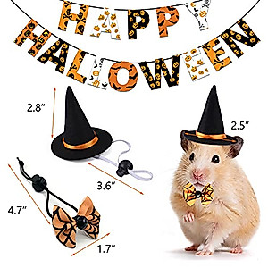 Vehomy Small Animal Halloween House Hideout & Costume Set- Hamster Cave House Bed Nest Hideout with Ghost Candy Spider Net Pattern Hamster Witch Hat Bowtie for Rodent Chinchilla Hedgehog
