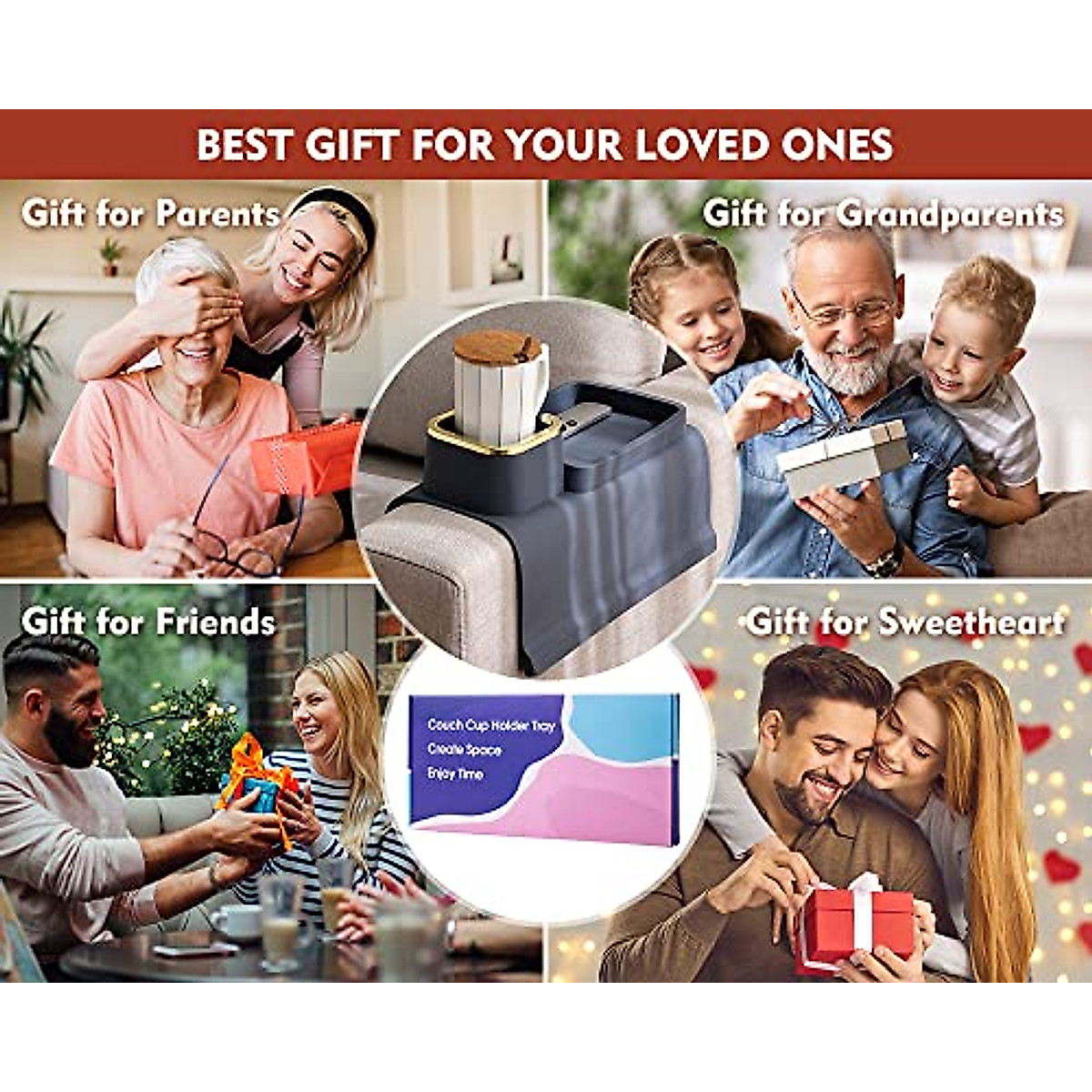 Couch Cup Holder Tray, Elimiko Silicone Anti-Spill and Anti-Slip Couch Drink Holder, Strong and Weighted Phone/Remote/Snacks Sofa Cup Holder, Gifts for Mom, Dad, Husband, Grandma, Grandpa (Griege)