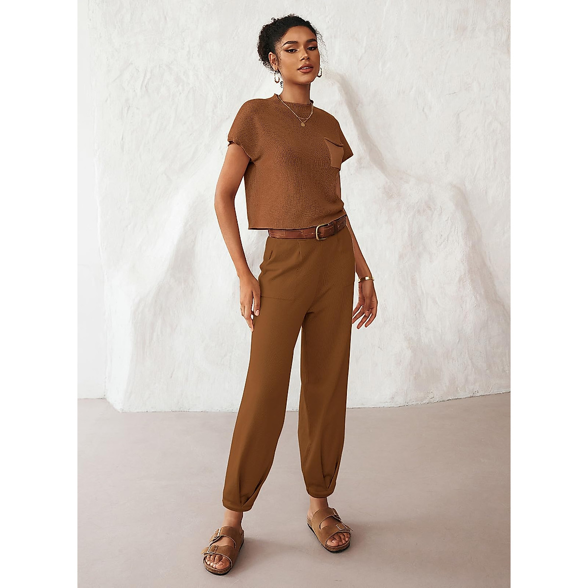 MEROKEETY Women Two Piece Outfits Sweater Sets Knit Pullover Tops High Waist Pants Lounge Set Tracksuit, Pecan, Small