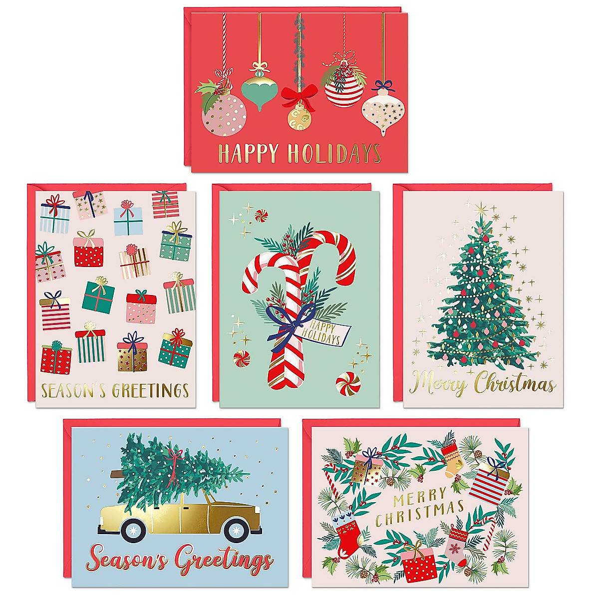 Christmas Cards Set - 24 Gold Foil Holiday Cards with Red Envelopes – 6 Assorted Designs Boxed for Easy Storage - 4.25 x 5.75, Bulk Greeting and New Years Decor Sheets