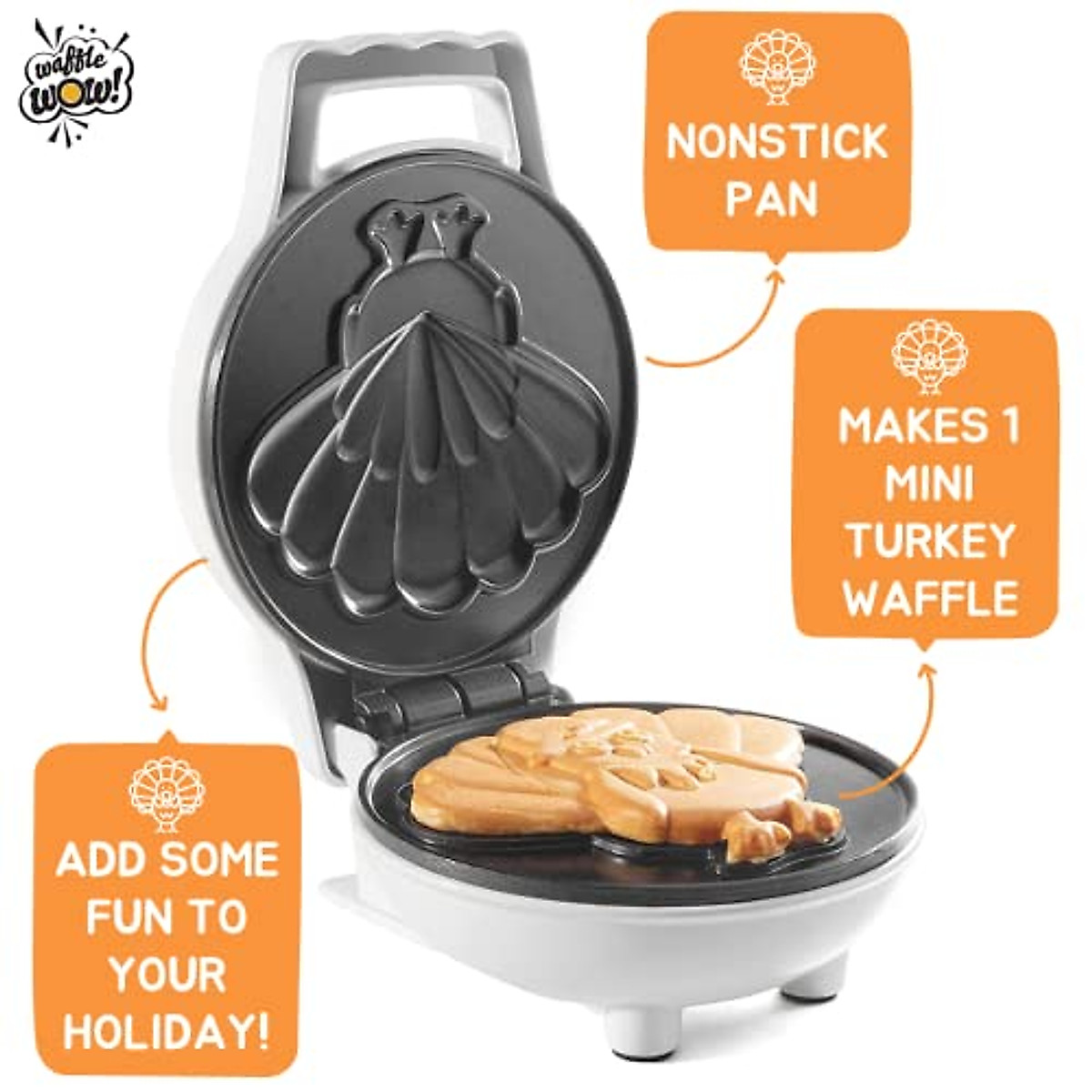 Thanksgiving Turkey Mini Waffle Maker - Make Holiday Breakfast Special for Kids & Adults w/ Cute Design, 4" Waffler Iron Electric Nonstick Appliance - Fun & Festive, Fall Gift, Recipes Included