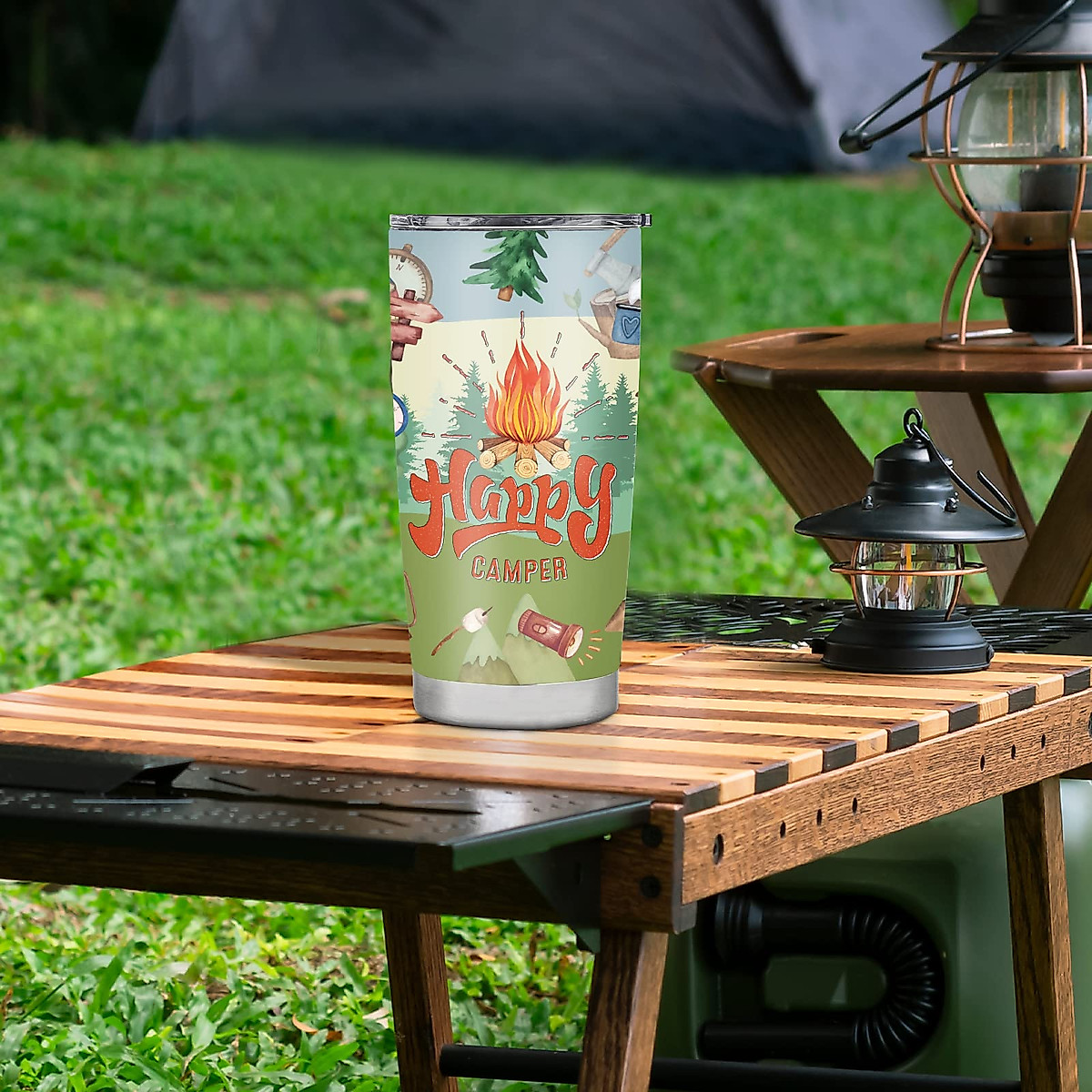 Delsakhula Happy Camper Tumbler - Insulated Stainless Steel Travel Mug With Lid - 20 OZ Gift for Women Men - Birthday Coffee Cup