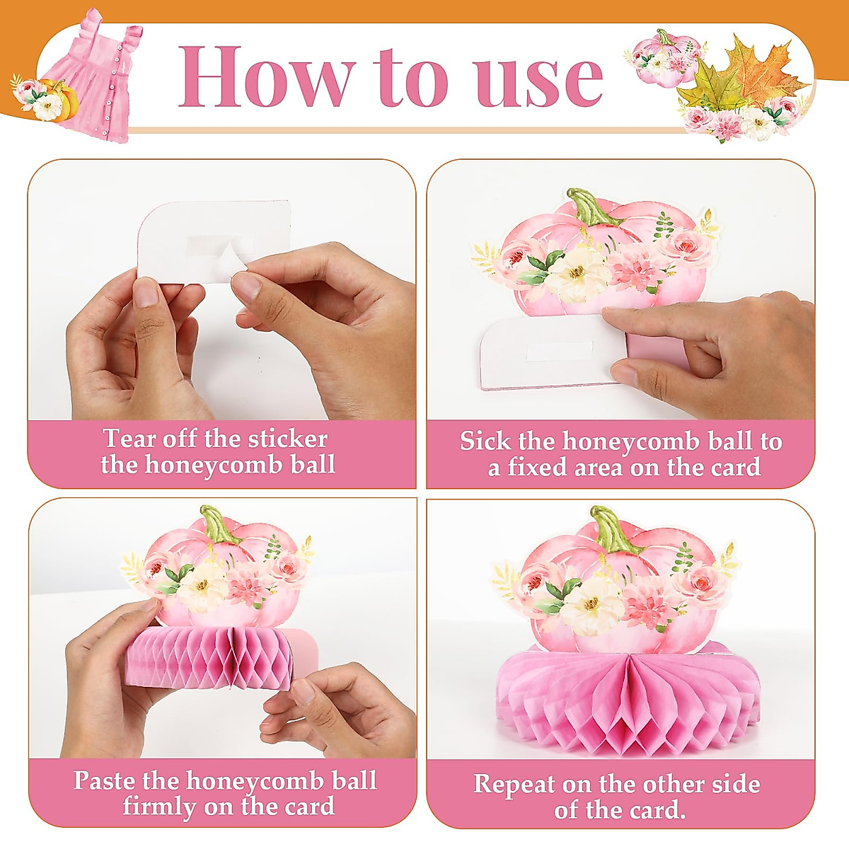 12PCS Little Pumpkin Party Decorations Pumpkin Honeycomb Centerpieces Pink Floral Table Toppers First Birthday Table Centerpieces A Little Pumpkin is On The Way Table Decor for Girls Baby Shower Party