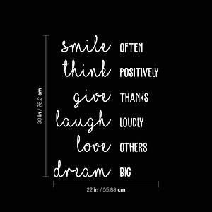 Vinyl Wall Art Decal - Smile Think Give Laugh Love Dream - 30" x 22" - Modern Motivational Positive Quote Sticker Design for Girls Bedroom Closet Home Office Kids Room Classroom Decor (White) (White)