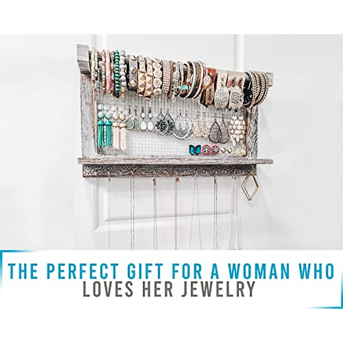 Comfify Rustic Jewelry Organizer – Wall Mounted Jewelry Holder w/Removable Bracelet Rod, Shelf & 16 Hooks – Perfect Earrings, Necklaces & Bracelets Holder – Rustic White