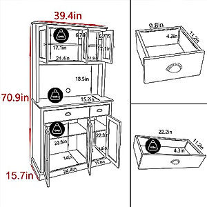 MUPATER Kitchen Pantry Storage Cabinet with Microwave Stand, 71'' Freestanding Hutch Cabinet with Buffet Cupboard, Drawers and Glass Doors for Home Office, Black