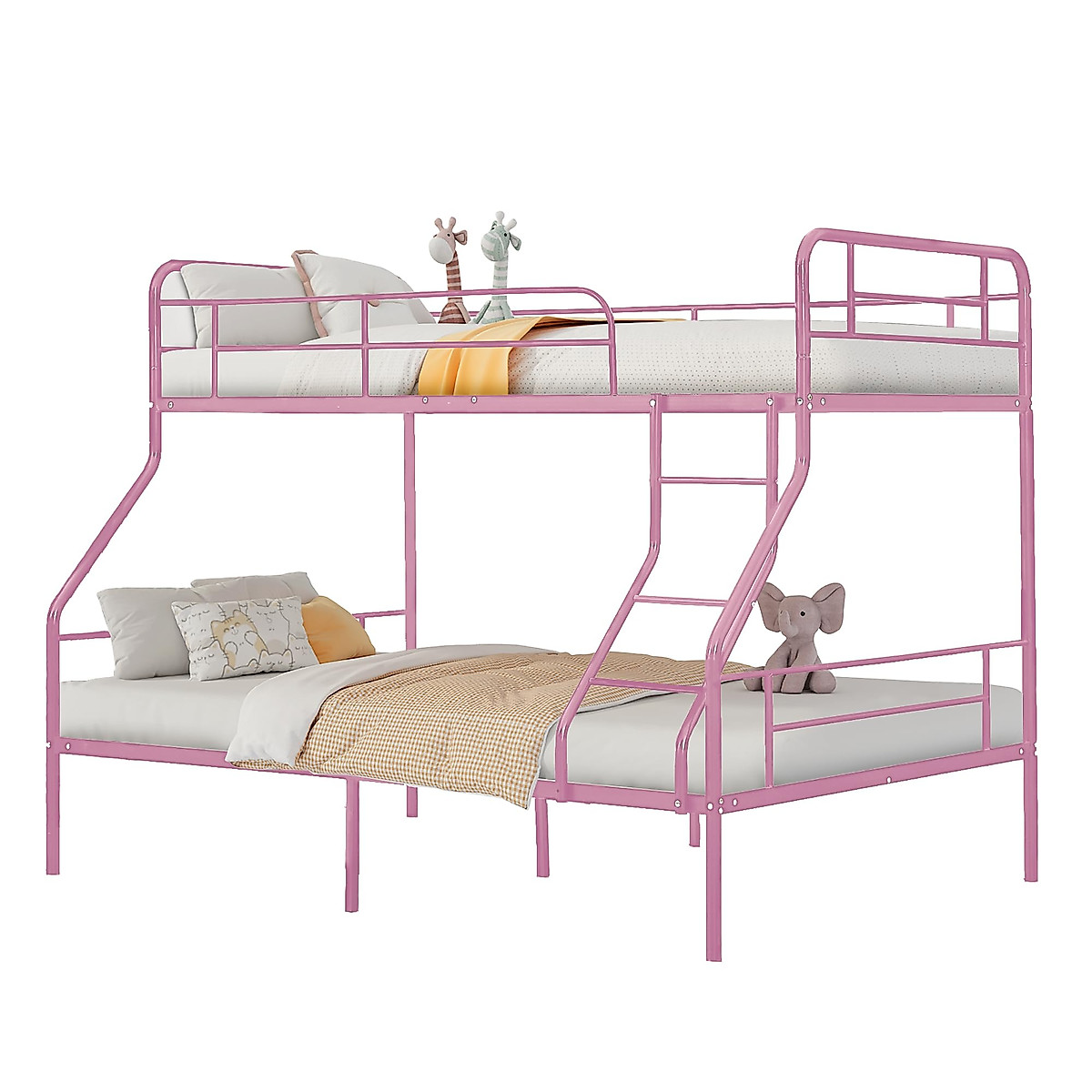 Bunk Bed Twin Over Full, Bunk Beds Twin Over Full with Metal Guardrail and Ladder, Space-Saving, Heavy Duty Queen Bunk Bed for Boys, Girls, Teens, Adult,No Box Spring Needed (Pink)