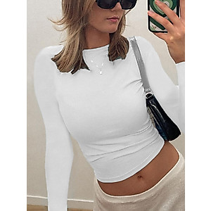 Women's Backless T-Shirts Y2K Crop Top Solid Casual Long Sleeve Sexy Vintage Cut Out 2023 Summer Fashion (Long-Sleeve-White, Small)