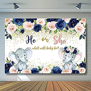 Avezano Navy and Blush Elephant Gender Reveal Backdrop He or She Navy Blue Blush Pink Floral Elephant Gender Reveal Photography Background Pregnancy Reveal Surprise Boy or Girl Party Decoration(7x5ft)