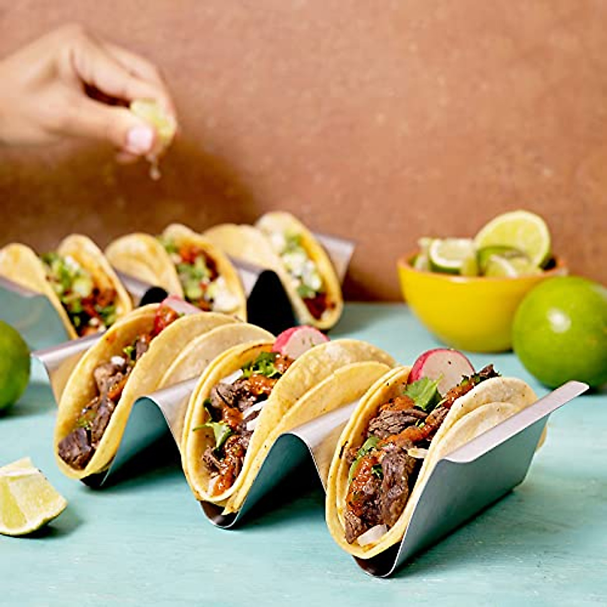 Taco Holder Stand,Set of 6 Stainless Steel Taco Tray,Stylish Taco Shell Holders, Rack Holds Up to 3 Tacos Each Keeping Shells Upright, Health Material Taco Rack by RTT -Oven,Grill and Dishwasher Safe