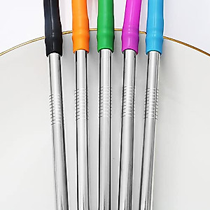5 PCS Metal Straws with Silicone Tip, 8mm Wide Smoothie Straws, Reusable Stainless Steel Straws with 2 Cleaning Brushes,1 Portable Bag (Silver)