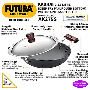 HAWKINS Futura Hard Anodised Deep-Fry Pan (Kadhai) With Stainless Steel Lid2.75 Litre Black