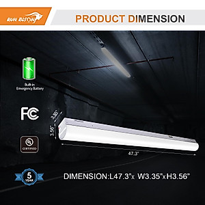 4FT LED Linear Shop Lights with Emergency Battery Backup,3 Color Selectable 3500K-5000K, Lumen Adjustable 4420/4940/5850LM,120-277V, 0-10V Dimmable, Built-in 90 Minute Emergency Battery (1PK)