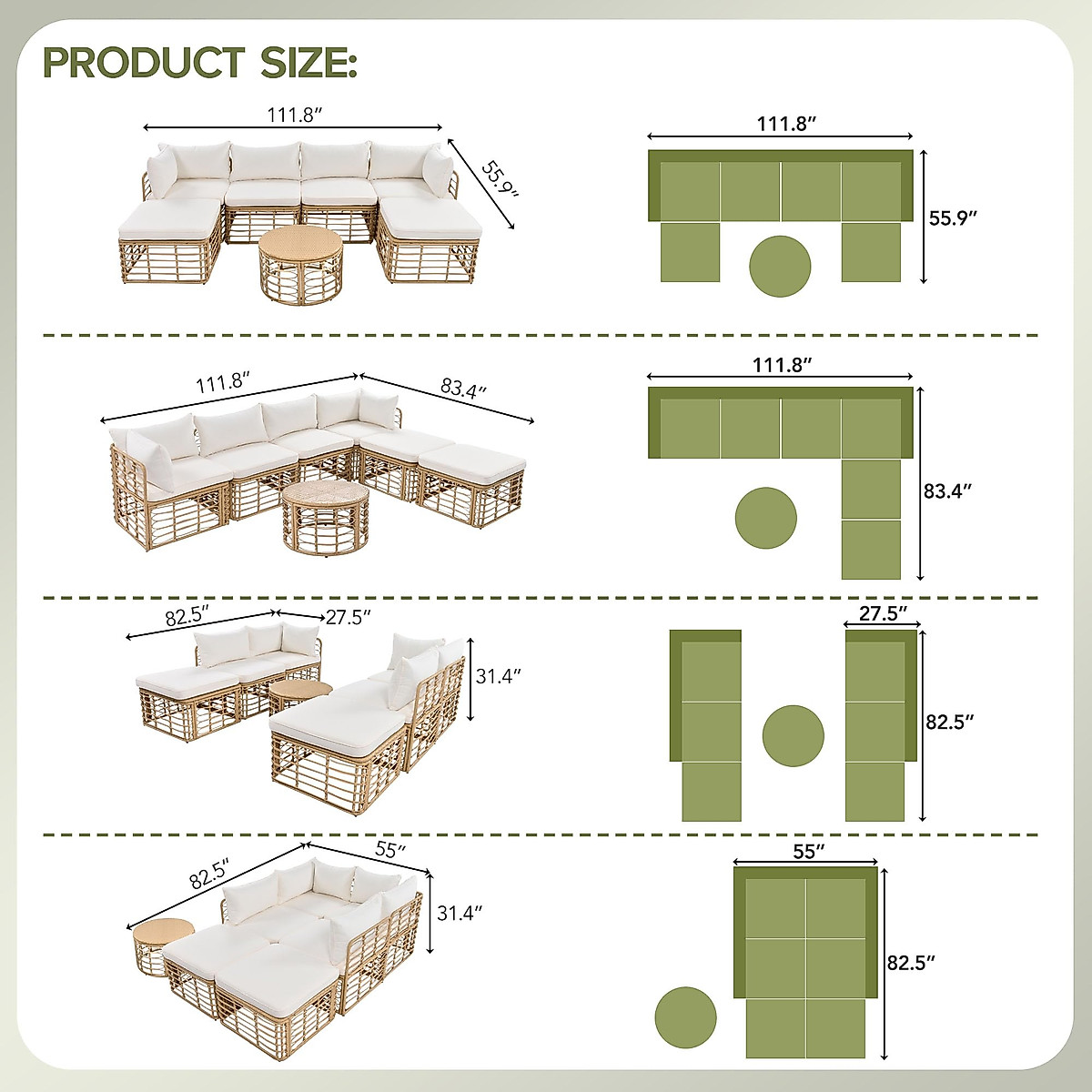 7 Pieces Outdoor Patio Furniture Sectional Sofa Set with Coffee Table, All-Weather Rattan Conversation Set with Thick Cushions and Pillows for Garden Backyard Balcony, Freely Combined (Beige-7S)