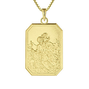 FJ 18K Gold Plated St Christopher Necklace 925 Sterling Silver Square Saint Christopher Pendant Necklace for Women Men with 20 Inch Chain