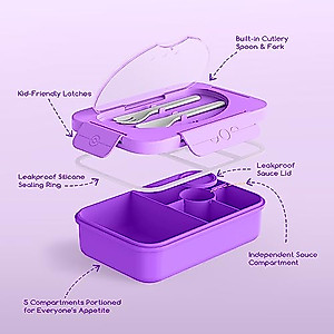 Lunch Box Kids, Bento Box, 1350ML Bento Lunch Box for Kids, Lunch Containers with 5 Compartments Utensils Food Picks Cake Cups, Leak-proof Bento Box Adult Lunch Box for Boys Girls Toddler, Purple