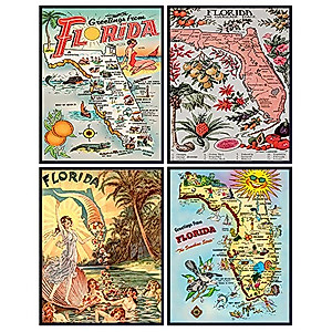 Florida Decor - Florida Tourism Tourist Map - Sunshine State Travel Poster Postcard Wall Art Print - Unique Gift for Floridians - FL Beach House, Office - Florida Wall Art - Vintage Retro Home Decor