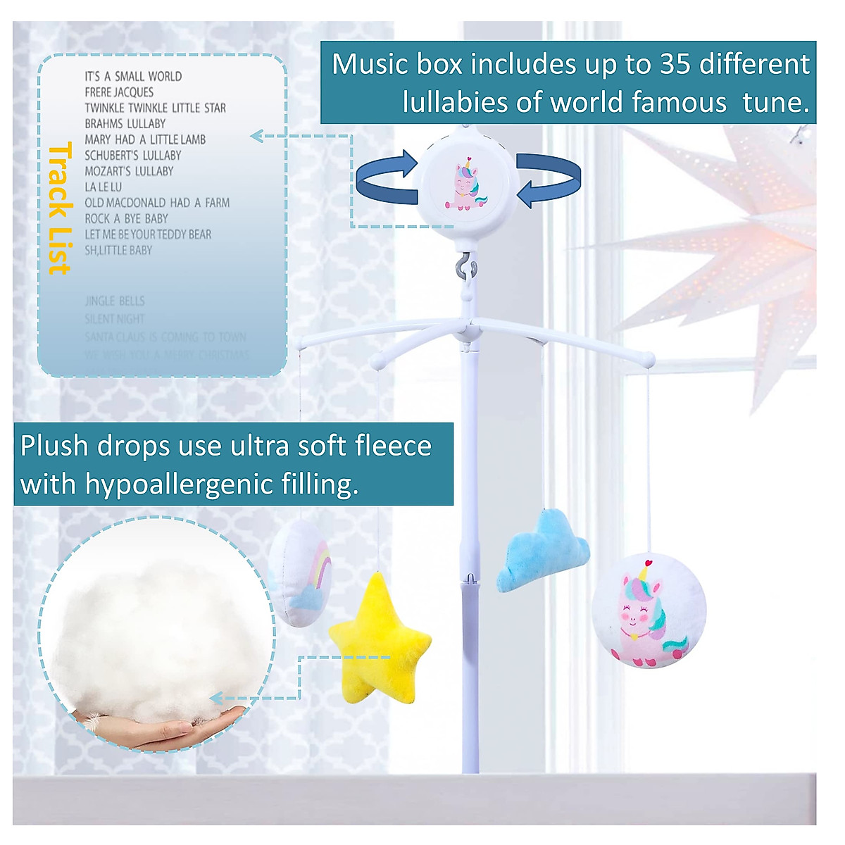 Crib Mobile for Girls Boys, Baby Mobile for Crib with Digital Music Box Special 35 Lullabies for Baby Gifts Ages Newborn +, Pink Unicorn - Yellow Star - Blue Cloud - Rainbow