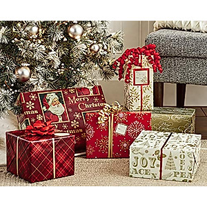Hallmark Reversible Christmas Wrapping Paper Set with Ribbon and Gift Tag Stickers (Traditional Red and Gold, 3 Rolls of Wrapping Paper and Ribbon)