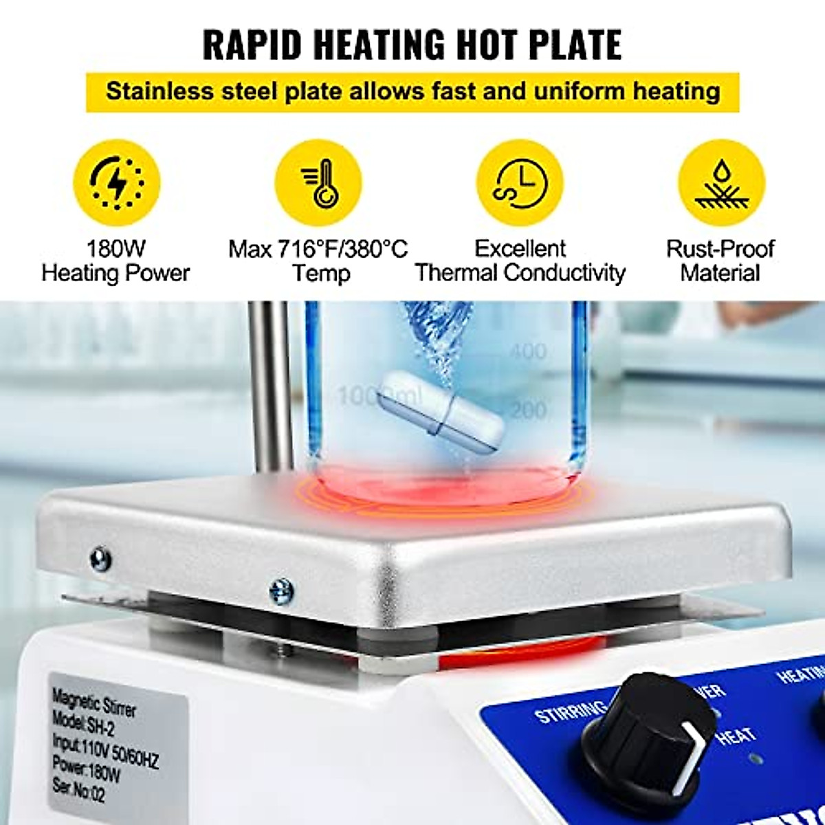 Happybuy Magnetic Stirrer SH-2 Heating Plate 1000ml Magnetic Stirrer Hot Plate 0-2000 RPM Magnetic Stirrer Kit 180W Heating Power 380°C for Lab Liquid Mixing Heating