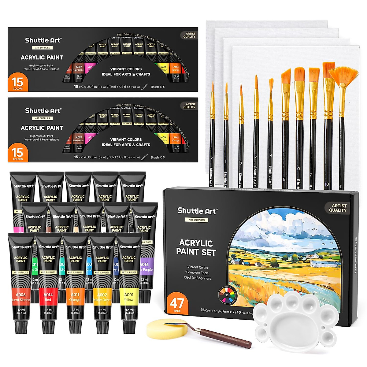 47 Pack Acrylic Paint Set, Shuttle Art 15 Colours (12ml Each, 2Pack) Acrylic Paint with 10 Brushes Painting Canvas Knife Palette Sponge, Complete Gift Set for Kids, Adults Painting Canvas, Ceramic