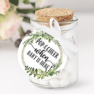 Baby Shower Mini Champagne Bottle Favor Tags, Pop and Cheer When Baby is Here Tags, Greenery Champagne Baby Shower Favor Tags, 2 Inches, 50 Count with Golden Ribbon