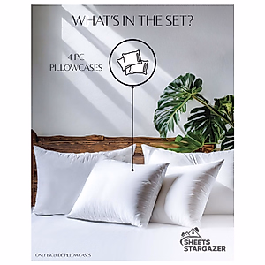 1000 Thread Count 100% Egyptian Cotton Pillow Cases, Set of 4 Pillowcase, Long-Staple 100% Cotton Breathable, Soft Sateen Weave Bed Pillow Cover, 20 X 40 Inches Pillowcases White King Size