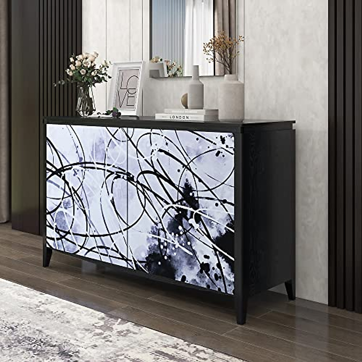 Modern Sideboard Buffet Storage Cabinet with 2 Drawers and 4 Shelves,Wooden Cabinet Console Table with 2 Decorative Doors for Hallway Entryway Living Room Bedroom (White+Black-003)