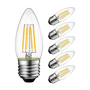 LVWIT Dimmable LED Candelabra Bulbs B11 Filament Bulb E26 Base 5.5W(75W Equivalent) 2700K Warm White Chandelier Decorative Candle Light Bulb 6 Pack